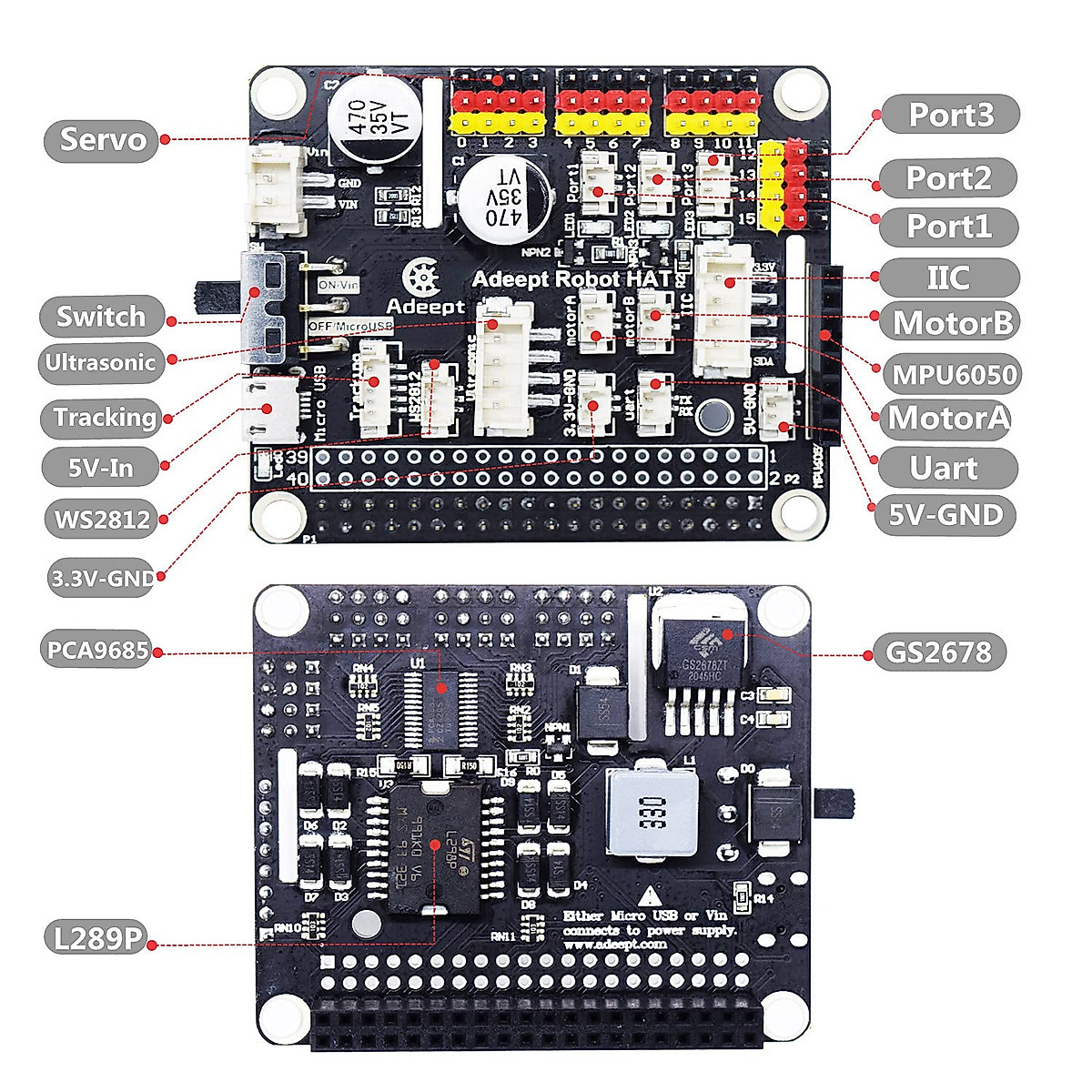 Adeept Raspberry Pi Robot HAT Kit, Smart Robot Car Driver, Robot Expansion Board Support Raspberry Pi 4 Model B 3B+ 3B 2B B+, L298P DC Motor Drive, PCA9685 16 Channel 12-Bit PWM Servo Motor Driver