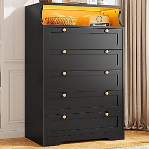 EnHomee 5 Drawer Dresser with LED, Black Dresser for Bedroom, Bedroom Dressers & Chests of Drawers, Tall Dresser with Deep Drawers for Bedroom Hallway Closet