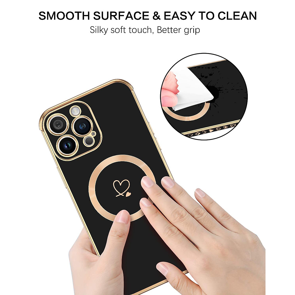 BENTOBEN iPhone 14 Pro Max Phone Case [Compatible with Magsafe] Slim Thin Luxury Gold Heart Design Shockproof Protection Soft TPU Bumper Drop Protective Girls Women Boy Men 14 ProMax Cover, Black/Gold