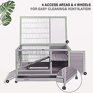 MEDEHOO Rabbit Hutch with Wheels Indoor Outdoor Guinea Pig Cage with 3 Access Doors, Pull-Out Tray, Removable Wire Mesh and UV Proof Panel(39.7 Inch)