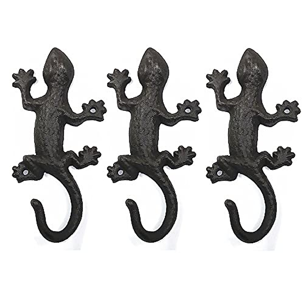 3 Pack Decorative Gecko Metal Heavy Duty Hooks for Wall, Black Cast Iron Lizard Tail Decor Rustic Key Holders Rack, Cool Wall Mounted Unique Design Retro Coat Aprons Hats Towels Hangers Set of 3
