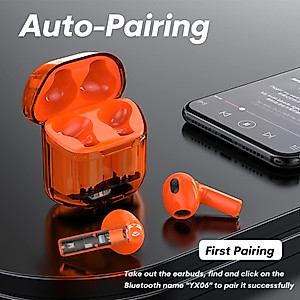True Wireless Earbuds Bluetooth in Ear Headphones for iPhone Android Transparent Blue Tooth 5.3 Ear Buds Deep Bass TWS Wireless Earphones with Microphone Cordless Earbud with Charging Case Orange