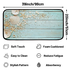 Beach Kitchen Mat, Sea Ocean Seashell Starfish Kitchen Rug Anti Fatigue Memory Foam Floor Mat Non-Slip Cushioned Absorbent Kitchen Runner for Bathroom Entryway Hallway Farmhouse Dining Room 39x20 in
