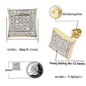TOPGRILLZ 925 Sterling Silver Iced out Men and Women 14k Gold Square Kite Screw Back Hypoallergenic Stud Earrings with Simulated Diamond (Gold)
