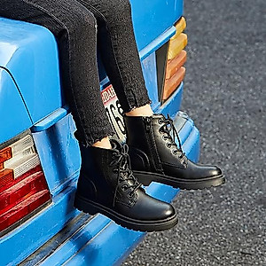 Athlefit Boys Girls Waterproof Combat Boots Lace Up Side Zipper Black Ankle Booties for Little Kid Size 2