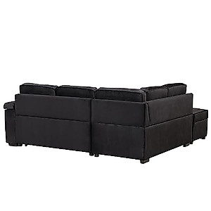 Eafurn 87.4" L Shaped Convertible Sectional Pull-Out Bed, Linen Upholstery Corner Storage Ottoman and Cup Holder & Dual USB Charge, 5 Seater Sofa & Couch for Living Room, Black w/ 2 Pillows