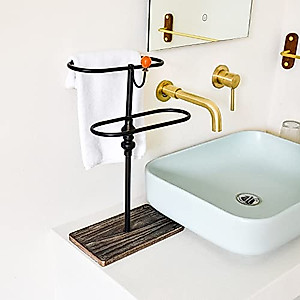 2-Tier Towel Rack Rustic Double T-Shape Ring Hand Towel Holder Wood Base & Black Metal Rack Farmhouse Towel Holder DIY Headband Holder Towel Holder Stand with Hook Bathroom Kitchen Counter Organizer