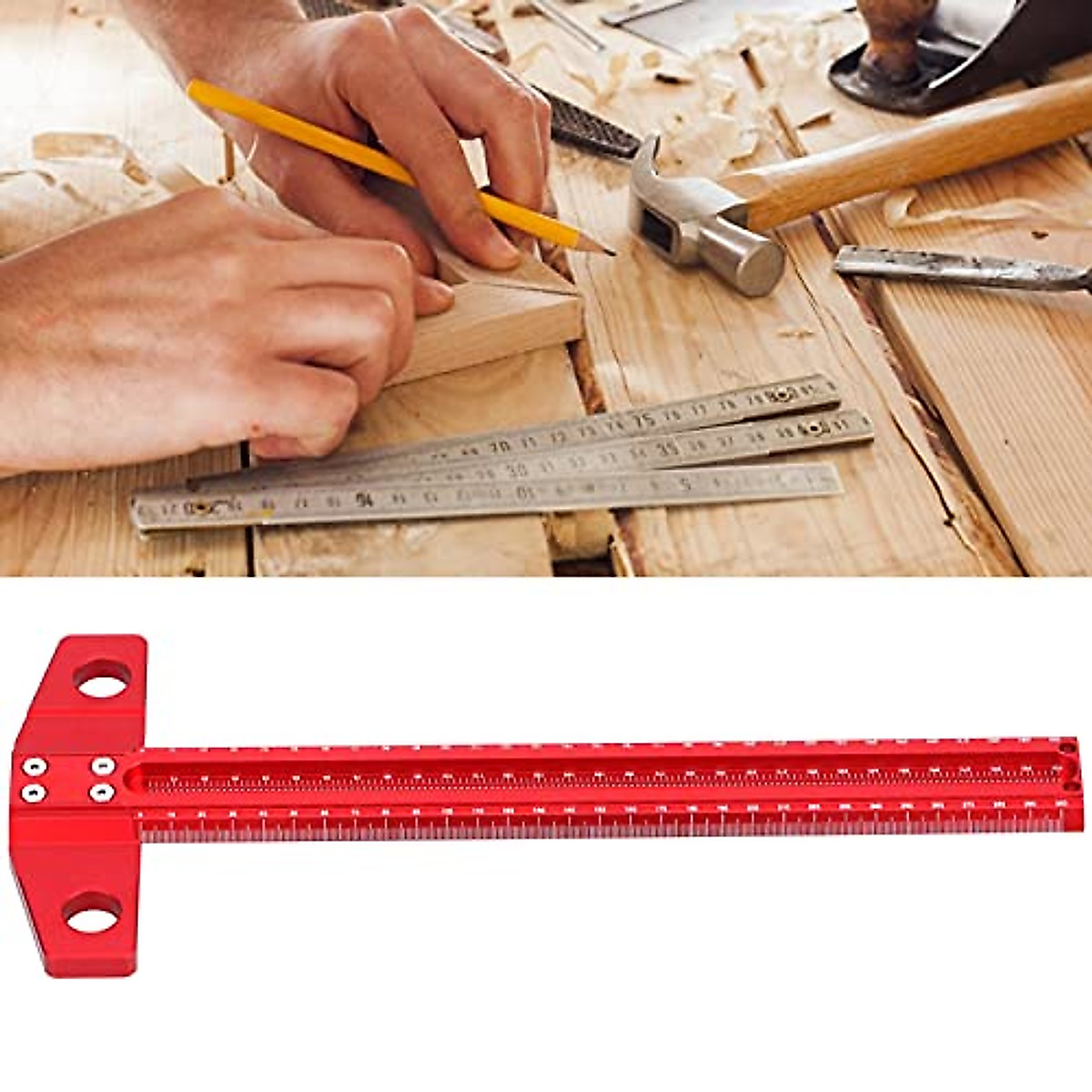 T Square Ruler Aluminum Alloy Removable Woodworking Scriber Art Framing Drafting Tools Ultra Precision Marking Ruler(Red)(300mm)
