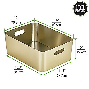 mDesign Steel Metal Storage Container Bin Basket, Handle - Kitchen Pantry, Cabinet, Fridge, Drawers, Freezer Organization - Food/Snack Holder Crates, 12" Wide - Mirri Collection - Soft Brass