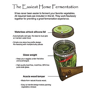 Canning kit. Complete DIY fermentation kit for wide mouth mason jars or pickling jars for 7 sets. Glass weights, tamper, airlock lids, and recipe included.