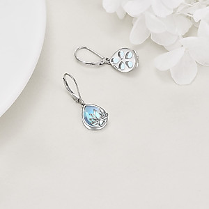 YFN Lotus Flower Moonstone Earrings Leverback 925 Sterling Silver Teardrop Dangle Hypoallergenic Earring for Women