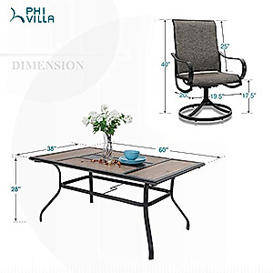 PHI VILLA 7 Piece Patio Dining Set, 6 Swivel Patio Chair with Metal Frame and Textilene Fabric, 1 60" x 38" Large Rectangular Dining Table(1.57" Umbrella Hole), All Weather Clearance for Lawn Garden