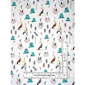 FlashPhoenix Sewing Fabric – Christmas Fabric Ski Lift Skiers White Wintertime Joy 100% Cotton Ink Arrow QT Yard 36x44