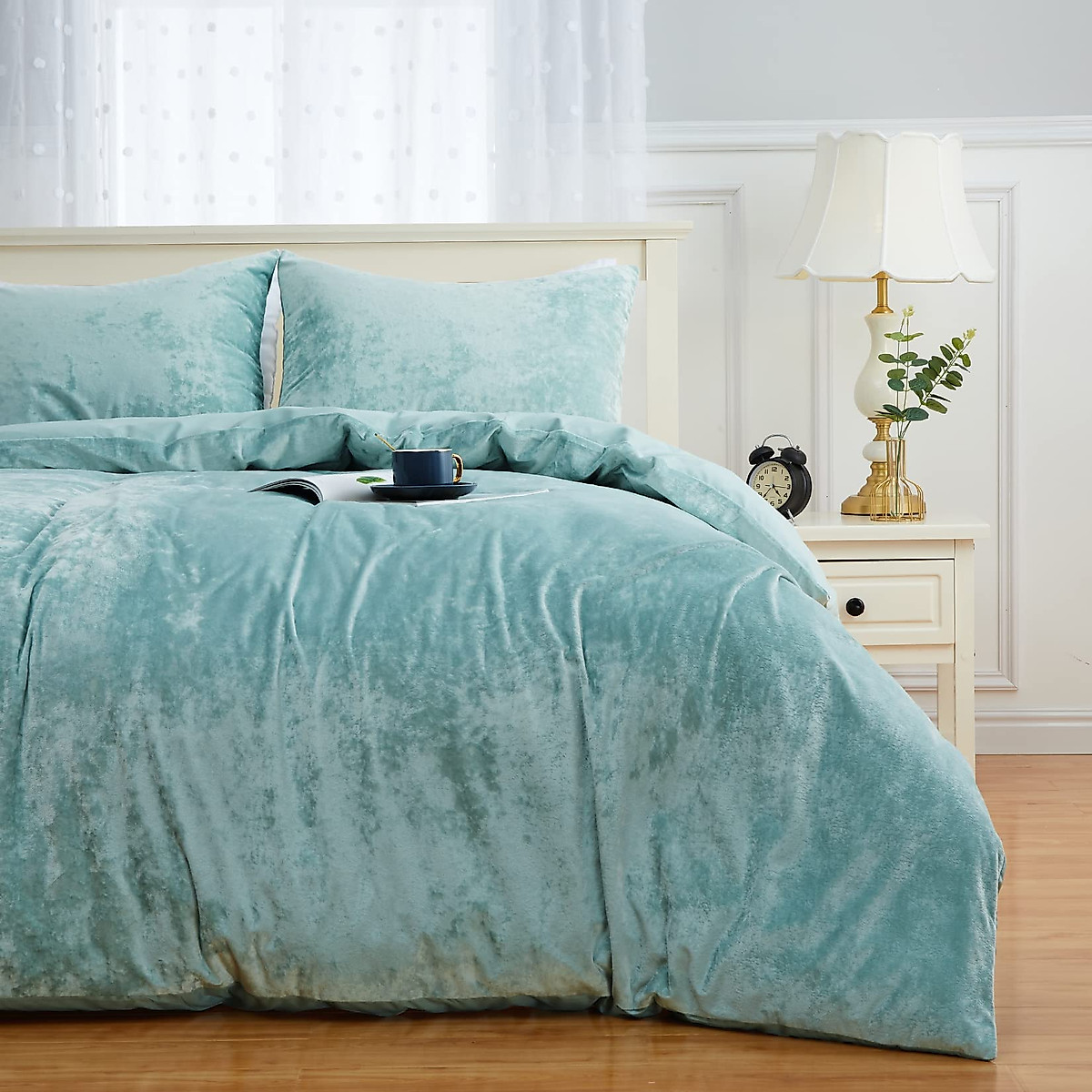 CAROMIO Velvet Duvet Cover Sets - 3 Pieces Lavish Design Comforter Cover King Size, Soft and Warm Bedding Cover Set for All Seasons, Aqua Green, 104x90 Inches