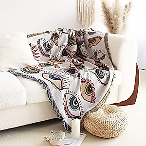 tiowik 32 Eyes Throw Woven Blanket with Tassel for Home Decoration Chair Couch Sofa Bed Beach Travel Picnic Cloth Tapestry Shawl Cozy Cotton (White 63×51 Inches)