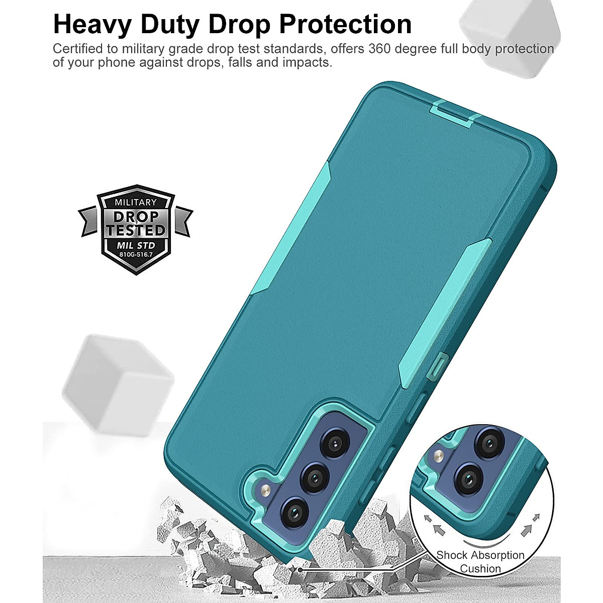 Dahkoiz for Samsung Galaxy S21 FE 5G Case, and Glass Screen Protector, Dust Proof Port Cover, Full Body Protection Durable Rubber Cover Phone Case, Teal