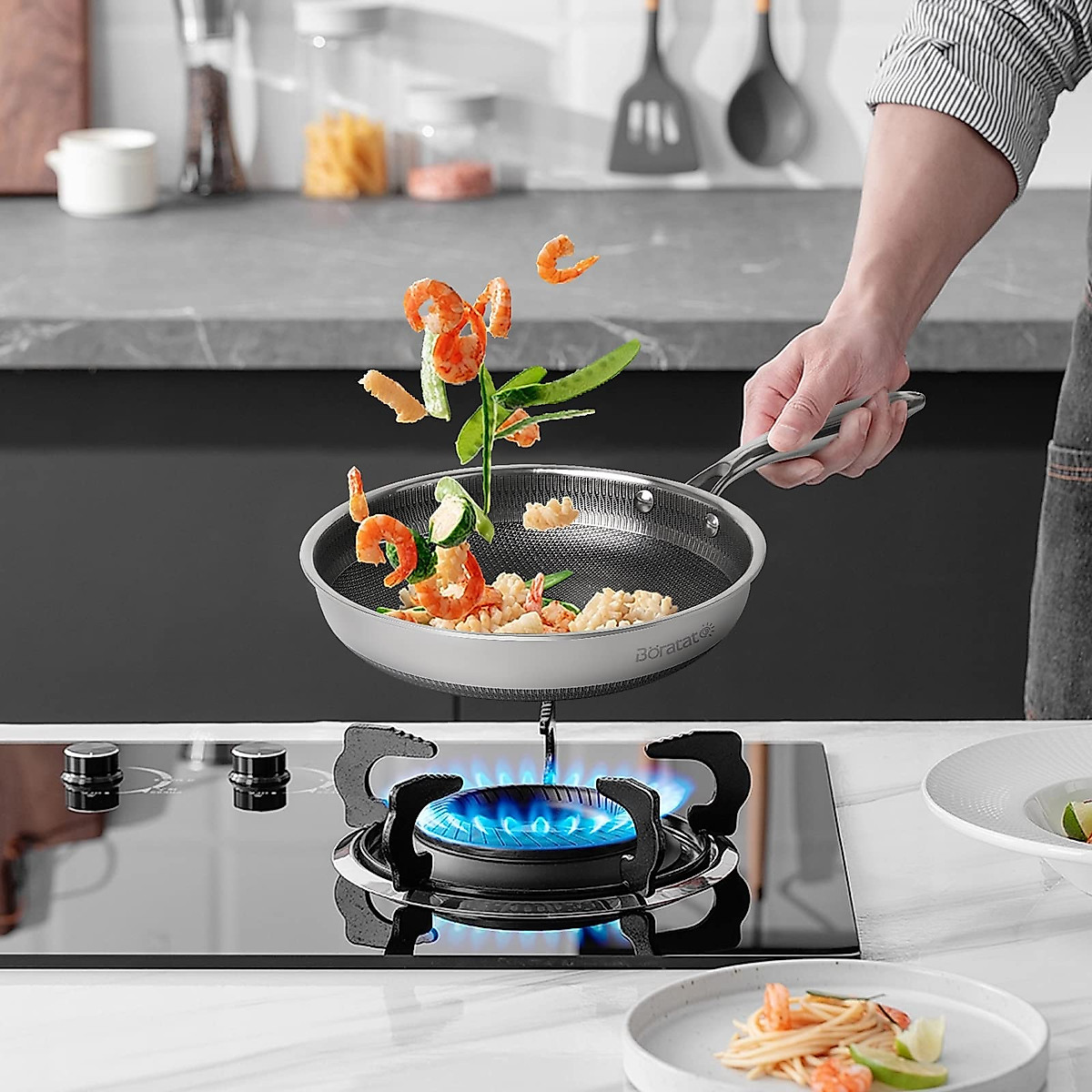 boratat Frying Pan Hybrid Stainless Steel Honeycomb Skillets,Pan with Lid,10 inch Non Stick Wok,Stay-Cool Handle,Dishwasher and Oven Safe, PFOA Free, Induction Cooktop, Gas, Ceramic and Electric Stove