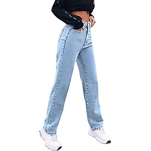SweatyRocks Women's Casual High Waisted Straight Leg Boyfriend Jeans Denim Pants Light Wash S