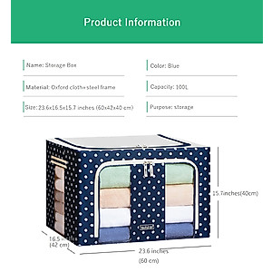 2 Pack 100L Foldable Storage Box with Transparent Double Window, Large Capacity Stackable Clothing Storage Box with Steel Frame and Metal Zipper and Carry Handles (100L, 2xUpgraded Blue Dots)