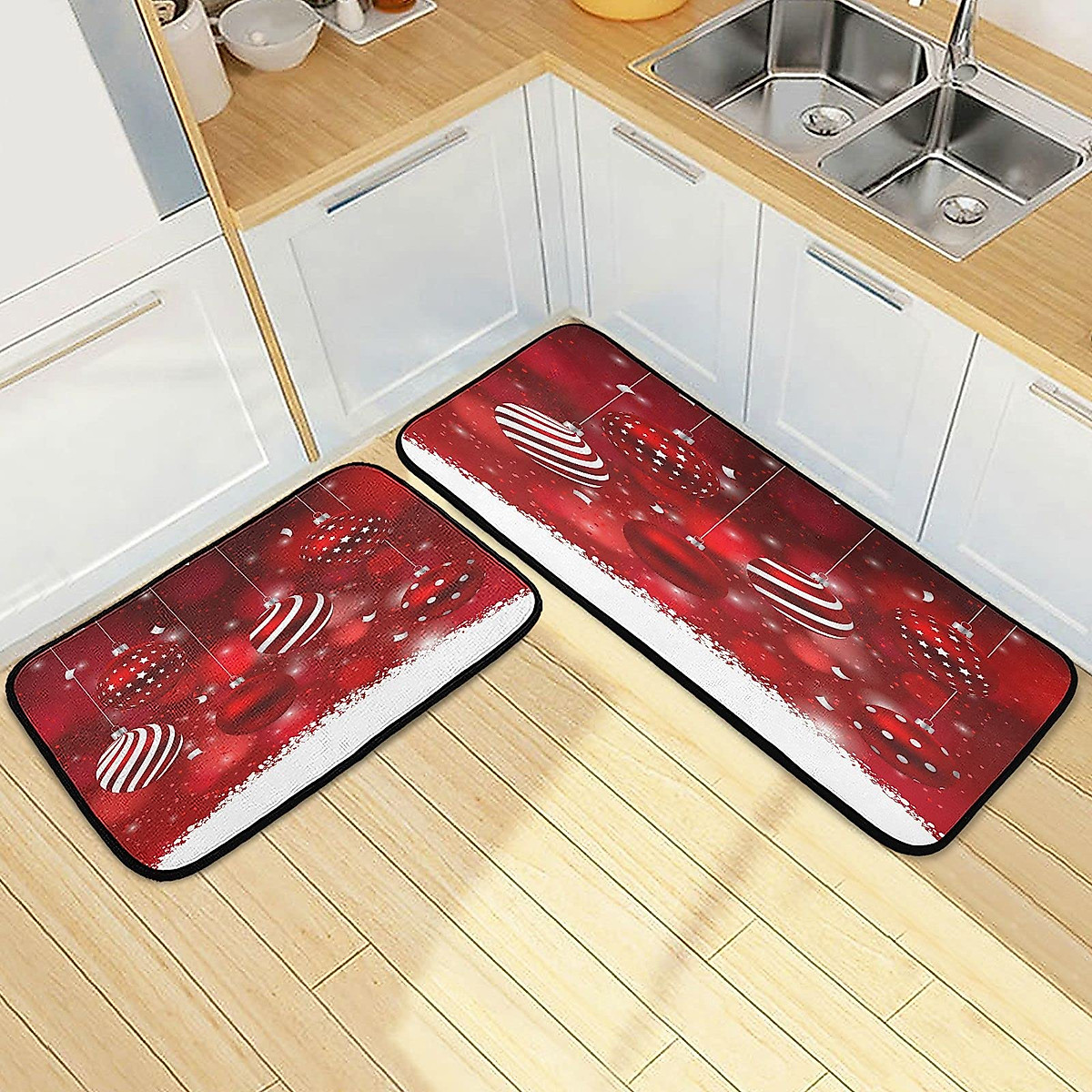 Christmas Balls Red Kitchen Rugs 2 Pieces, Snow Floor Mat Room Area Rug Washable Carpet Perfect for Living Room Bedroom Entryway
