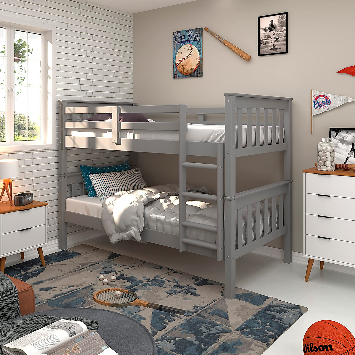 Bunk Bed Solid Wood Sturdy Twin Over Twin with Ladder and Safety Rail Grey - Kids' Twin Loft Bunk Bed with Headboard - by from The Tree Furniture