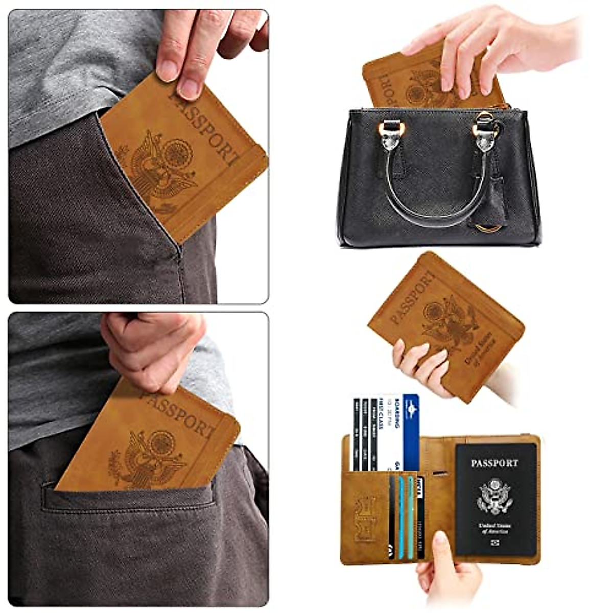 WALNEW RFID Passport Holder Cover Wallet for Women Men, PU Leather Card Holder Passport Case Travel Essentials for Family Vacation, Brown