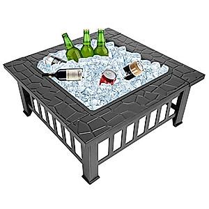 32''Outdoor Fire Pit Table , Backyard Stover Patio Burning Pit Multi Functional Garden Fireplace BBQ Ice Table with Spark Screen Log Poker