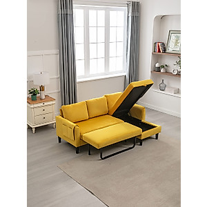 Eafurn 3 Seater Sectional Sofa with Chaise Lounge, L Shaped Convertible Couch Pull Out Bed and Storage, Comfy Velvet Upholstery Corner Sofa & Couches for Living Room Office