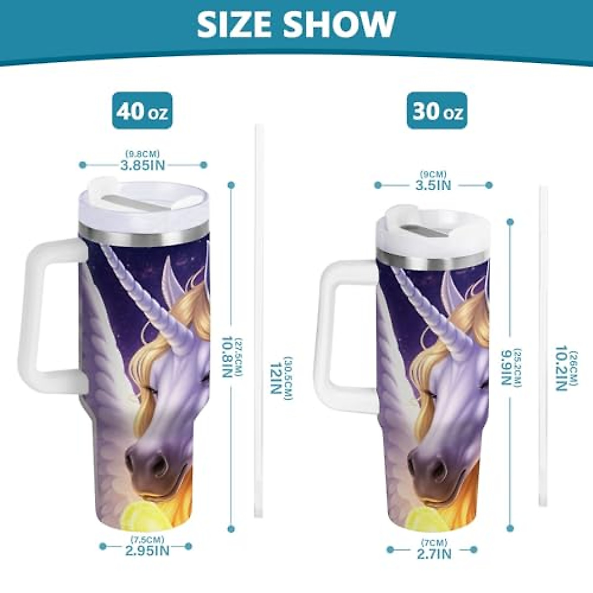 Beautiful Unicorn Horse Stainless Steel Tumblers with Straw and Handle for Water, Insulated Water Bottle 30 OZ / 0.89 L