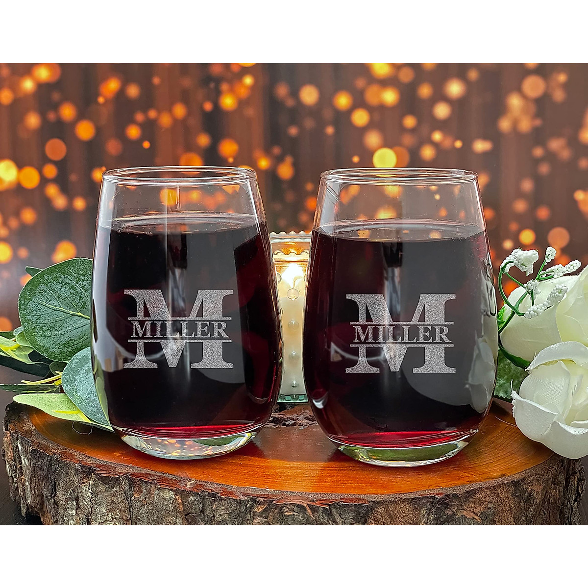 Set of 2 Customizable Monogram 15 oz Etched Stemless Wine Glass Engraved Personalized with Initial and Name