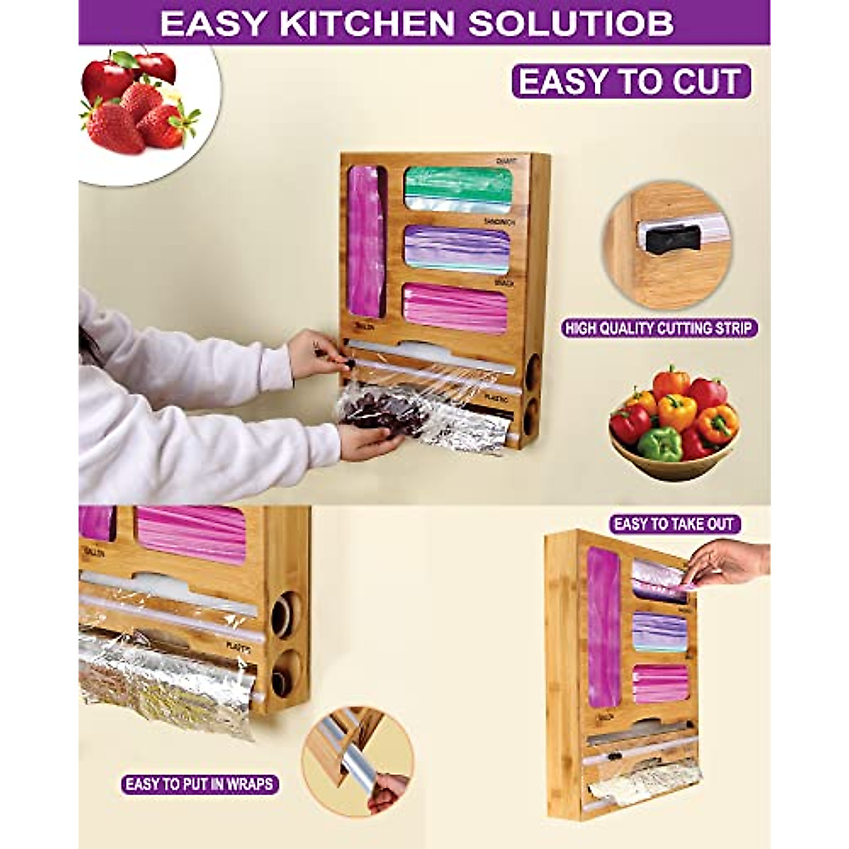 Plastic Wrap Dispenser with Cutter and Ziplock Bag organizer,6 IN 1 Bamboo Foil and Plastic Wrap Organizer for Kitchen Drawer & Wall Mount,Ziplock Bag Storage Organizer for Gallon,Quart,Sandwich,Snack