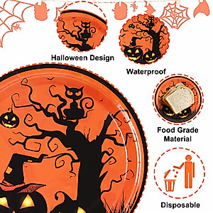 Homlouue 200 PCS Halloween Plates and Napkins, Black Pumpkin Paper Plates for Halloween Party Decoration, Halloween Party Supplies Serve 50, Halloween Party Plates with Bat & Cat Design