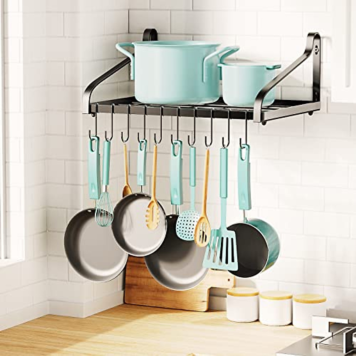 MUDEELA Hanging Pot Rack with 10 Hooks, Pots and Pans Organizer Wall Mounted Pot Organizer Rack, Wall Shelf for Kitchen Organization,Cookware, Books, Household,Bathroom
