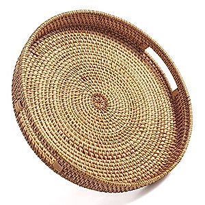 DECRAFTS Coffee Table Tray Round Rattan Ottoman Tray Woven Serving Trays with Handles for Home and Kitchen Decorative Natural (Large 14 inch x 2.8 inch)