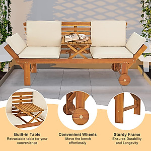 Outvita Acacia Wood Patio Convertible Couch Sofa Bed w/Adjustable Armrest & Wheels, Outdoor Daybed w/Removable Cushions & Pillows, Folding Chaise Lounge Bench for Porch Courtyard Poolside(White)