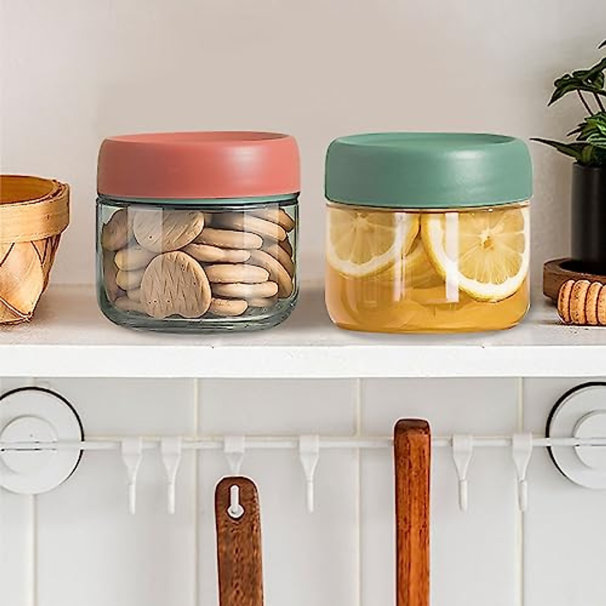 2 Pack 10oz Glass Jars with Screw Lids,Overnight Oats Container with Lids Airtight,Wide Mouth Mason Jars for Overnight Oats,Fruit,Salad,Dressing, Sauc,Sugar,Beans,Spice- Reusable (Green Red)