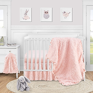 Sweet Jojo Designs Pink Floral Rose Baby Girl Nursery Crib Bedding Set - 4 Pieces - Solid Light Blush Flower Luxurious Elegant Princess Vintage Boho Shabby Chic Luxury Glam High End Ruffle Roses