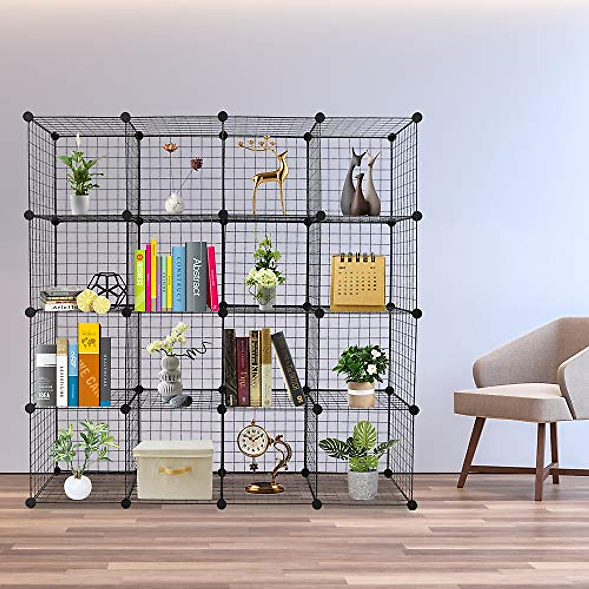 VINGLI Wire Cube Storage, 16-Cube Metal Grids Shelves, Stackable Storage Bins Multifunction Modular Bookcase Closet Cabinet Ideal for Living Room Bedroom, Home, Office