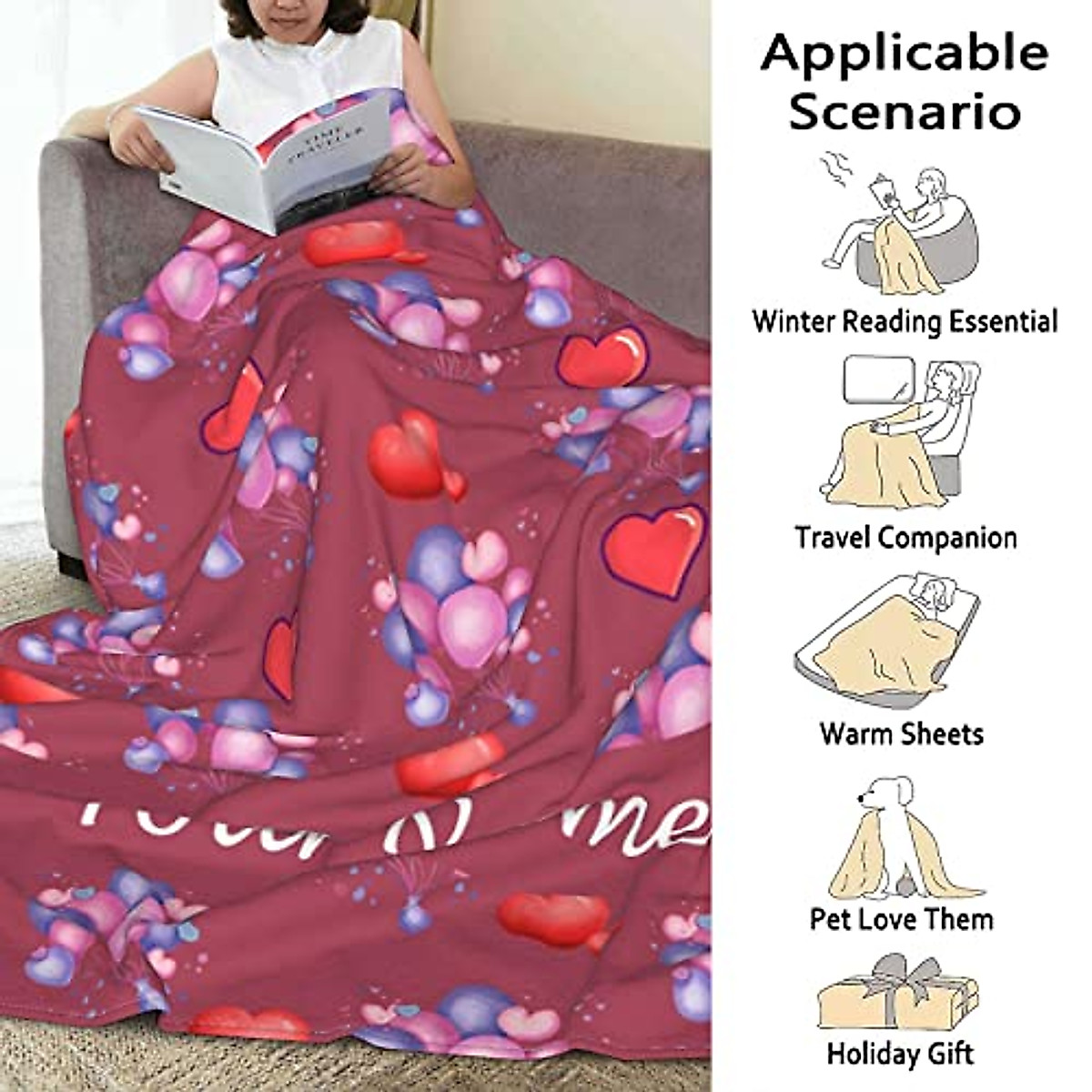 HJJKLLP Custom Throw Blanket with Your Name Text, Personalized Valentines Day Red Heart Fleece Blankets for Adult Kid Family Birthday Couple Father Mother Customized Gifts