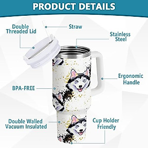 RPLIFE Watercolor Kawaii Husky Dog Tumbler with Handle, Stainless Steel Coffee Mug, Tumbler with Straw