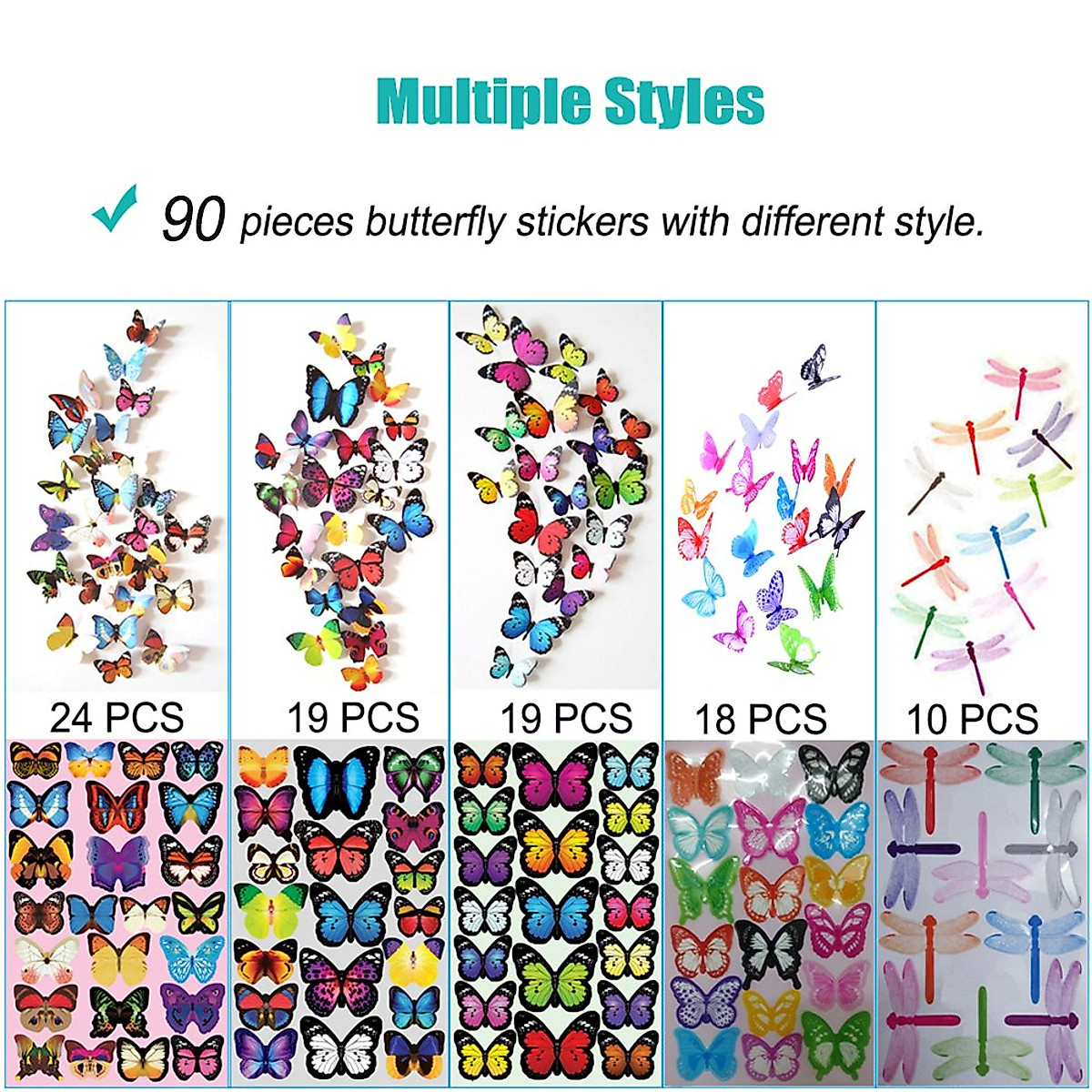 Heansun 90 PCS Butterfly Wall Decals Dragonfly, 3D Butterflies Removable Mural Stickers Wall Stickers Decal for Home Room Bedroom Nursery Decor