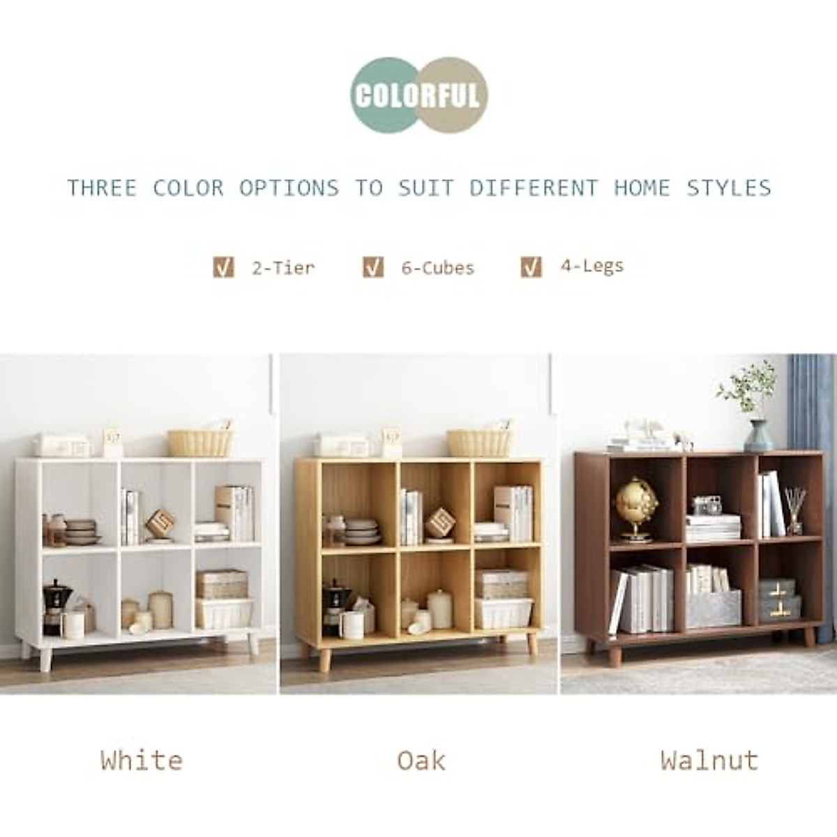 IOTXY Freestanding Open Cubes Bookcase - 2-Tier Floor Standing Wooden Storage Display Cabinet Organizer with Legs for Home Office, 6-Cubes Open Shelf Low Short Bookshelf, Walnut