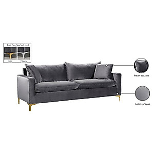 Meridian Furniture Naomi Collection Sofa With Stainless 1 Modern | Contemporary Velvet Upholstered Stainless Steel Base in a Rich Gold or Chrome Finish, Grey