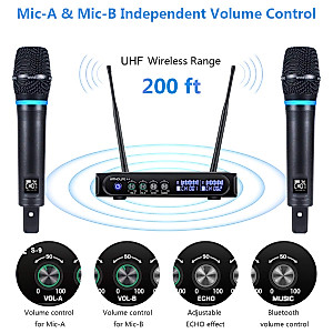 Kithouse S9 UHF Rechargeable Wireless Microphone System Karaoke Microphone Wireless Mic Cordless Dual with Bluetooth Receiver Box + Volume Control ECHO for Karaoke Singing Speech Meeting Church, 200FT