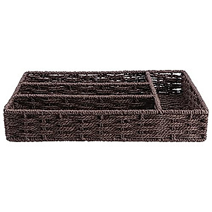 Cabilock Rattan Flatware Basket Kitchen Utensil Drawer Organizer with Dividers Natural Wicker Serving Basket Flatware Cutlery Organiser Tray for Flatware and Kitchen Utensils