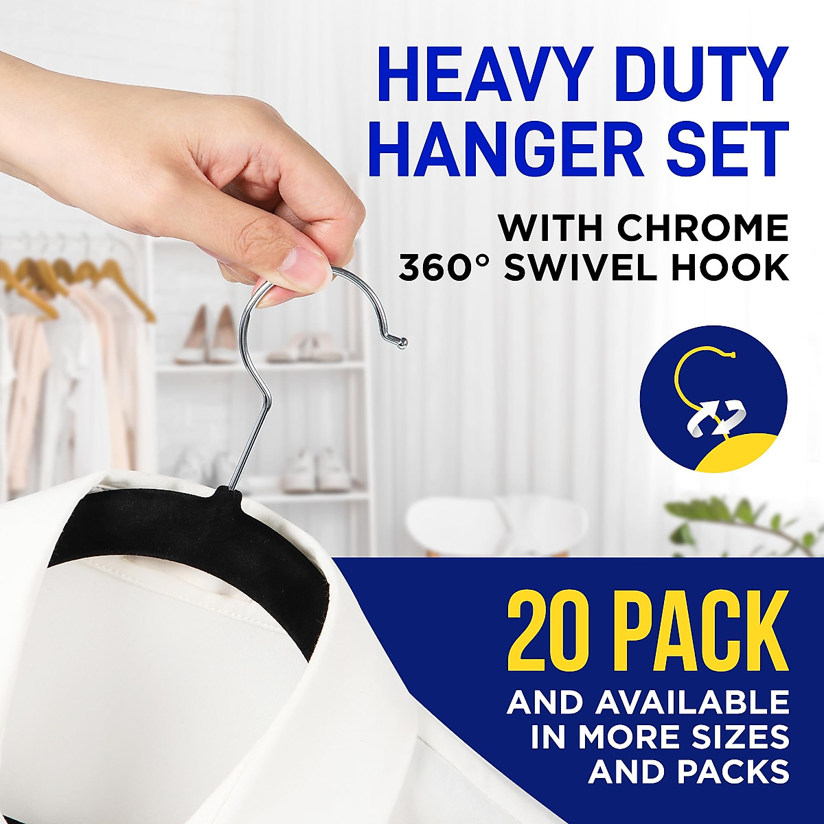 Lifemaster Velvet Non-Slip Plastic Hanger Set - 20 Pieces Non-Slip Clothes Hanger Set with 360° Swivel Hook, Space-Saving, Sleek Design, Smooth Velvet Finish, Lightweight Construction - Black