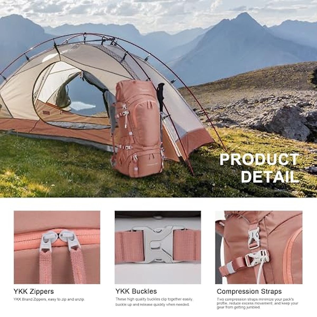 MOUNTAINTOP 60L Internal Frame Hiking Backpack for Women with Rain Cover for Camping Traveling Backpacking Pink