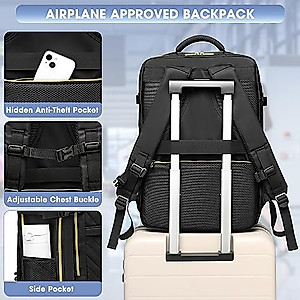 Large Carry On Travel Backpack - Flight Approved Waterproof Anti-Theft Luggage Daypack for Women Men Fit 17 Inch Laptop Business Weekender Overnight Backpack College Bag Personal Item Size Black