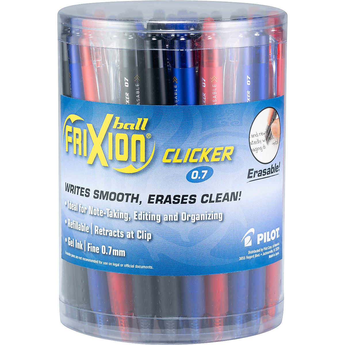 Pilot, FriXion Clicker Erasable Gel Pens, Fine Point 0.7 mm, Tub of 36, Black, Blue & Red