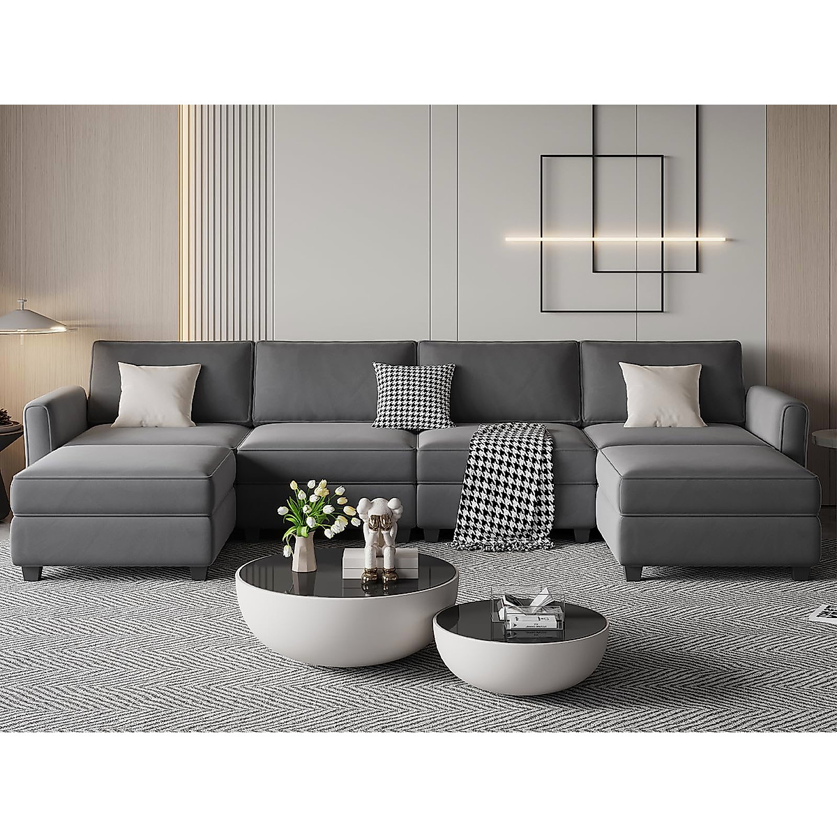 Modular Sectional Sofa U Shaped Sectional Couch with Reversible Chaise, Sleeper Velvet Modular Couch with Storage Seat for Living Room Furniture Sets Grey